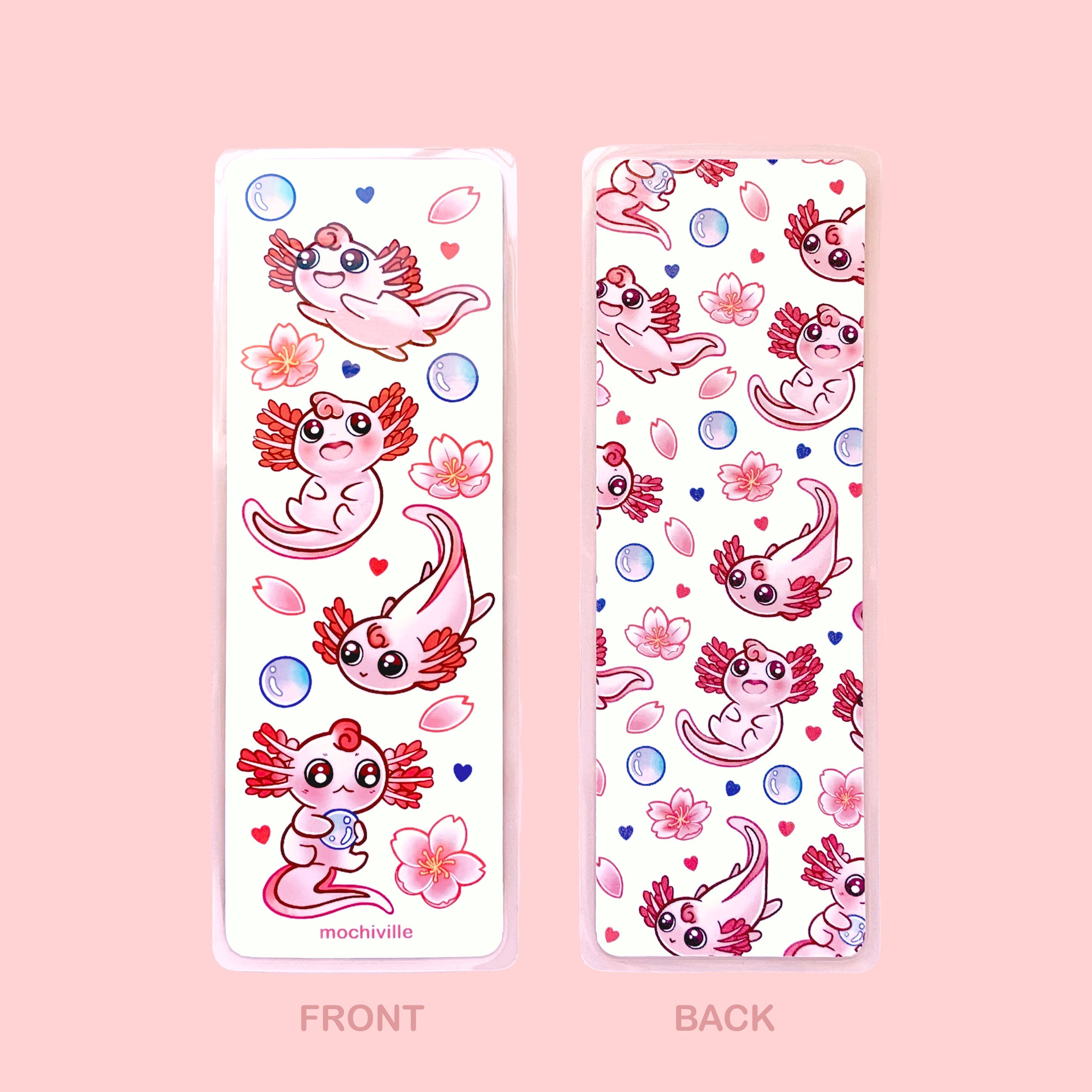 Axolotl And Cherry Blossoms Bookmark (Laminated) – Mochiville
